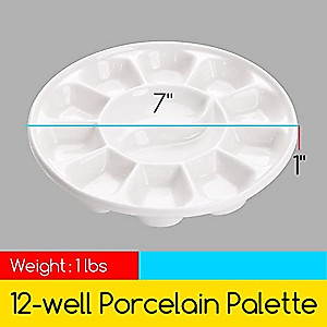 MEEDEN 12-Well Round Porcelain Watercolor Paint Palette for Watercolor Gouache Acrylic Oil Painting, 7-Inch