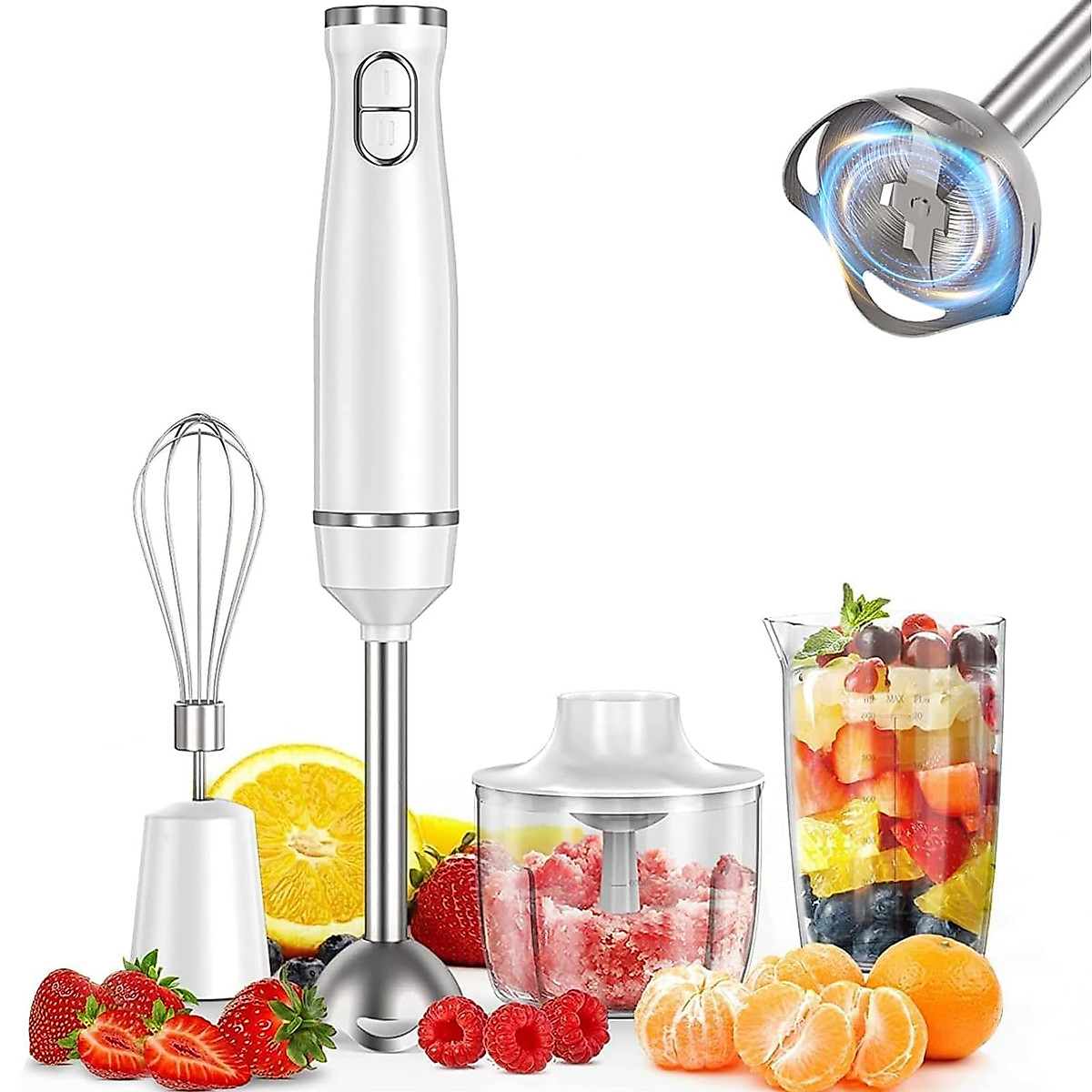 Immersion Blender Handheld, 5-in-1 Hand Blender for Kitchen, 2-Speed Stirrers Electric Whisk with 16.9OZ Food Chopper, 20.3OZ Container, Egg Whisk for Puree Infant Food Smoothies Sauces Soups