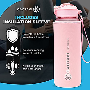 Cactaki 32 oz Water Drinking Bottle with Time Marker - Stay Hydrated - Hydration Tracker & Reminder to Drink With Hourly Measurement Markings - Leak Spill Proof & BPA Free