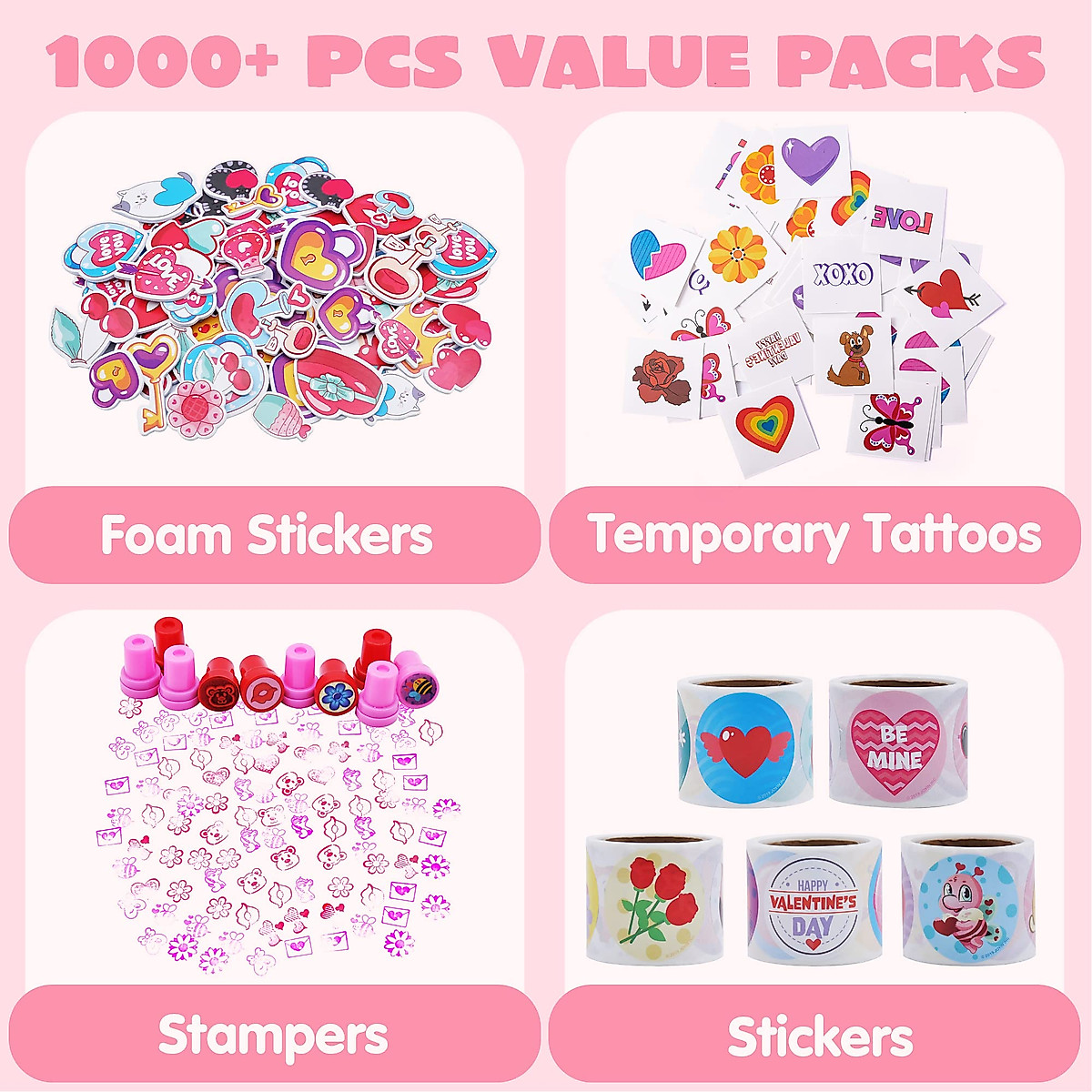 JOYIN 1000+ Valentine Day Hearts Arts and Crafts Party Favor Supplies Accessories (Stickers, Tattoos, Stampers) for Valentine’s School Classroom Rewards Prizes, Exchange Gifts