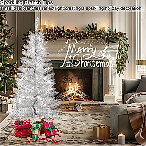 Liguanow 4ft Artificial Christmas Tree with Lights, Indoor & Outdoor Christmas Tree with 50 Warm White Lights, Xmas Pine Tree for Home Office Party Decor, Silver Tinsel