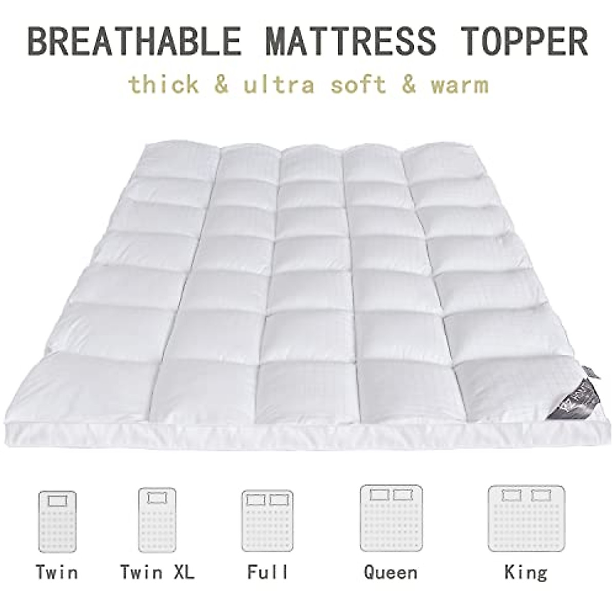 Warm Mattress Topper Twin 2 Inch Soft Plush Pillow Top 400TC Cotton Mattress Pad Bed Topper, Hotel Quality Down Alternative Pillow Topper, White