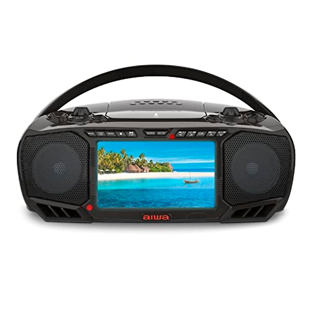 Aiwa Portable Boombox, Crystal Clear Sound with 3W x 2 Speakers and Bass Function, Featuring a 7" LCD Display, Bluetooth Connectivity, FM Radio, CD/DVD Player, Streaming on Roku and Amazon Firestick