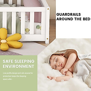 CITYLIGHT Twin Size Floor Bed with Rails, Wood Montessori Floor Bed Twin with Support Slats, Kids Twin Bed Frame with Door Design for Boys,Girls, White