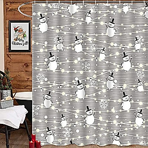 Alishomtll 4 Pcs Merry Christmas Shower Curtain Sets with Non-Slip Rugs, Toilet Lid Cover and Bath Mat, Xmas Snowman Shower Curtains with 12 Hooks, Snowflake Shower Curtains for Bathroom Decoration