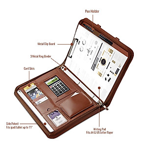 AtailorBird Padfolio,Magnetic Handle PU Leather Zippered Portfolio with 3 Ring Binder Document Organizer for Business Interview Office,Brown