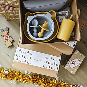 Baby Feeding Set with Reusable Wet Bag in Gift Box, Silicone Baby Led Weaning Supplies, Suction Baby Plate and Bowl Set, Food Grade Bib, Spoon, Fork, Sippy Cup, Bowl and Plate - 100% BPA Free!