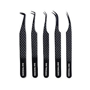 GMI Lash Tweezers - Set of 5 Eyelash Tweezers- Stainless Steel Eyelash Extension Tweezers - Multipurpose Lash Tweezers for Eyelash Extensions for Individual. (Black)