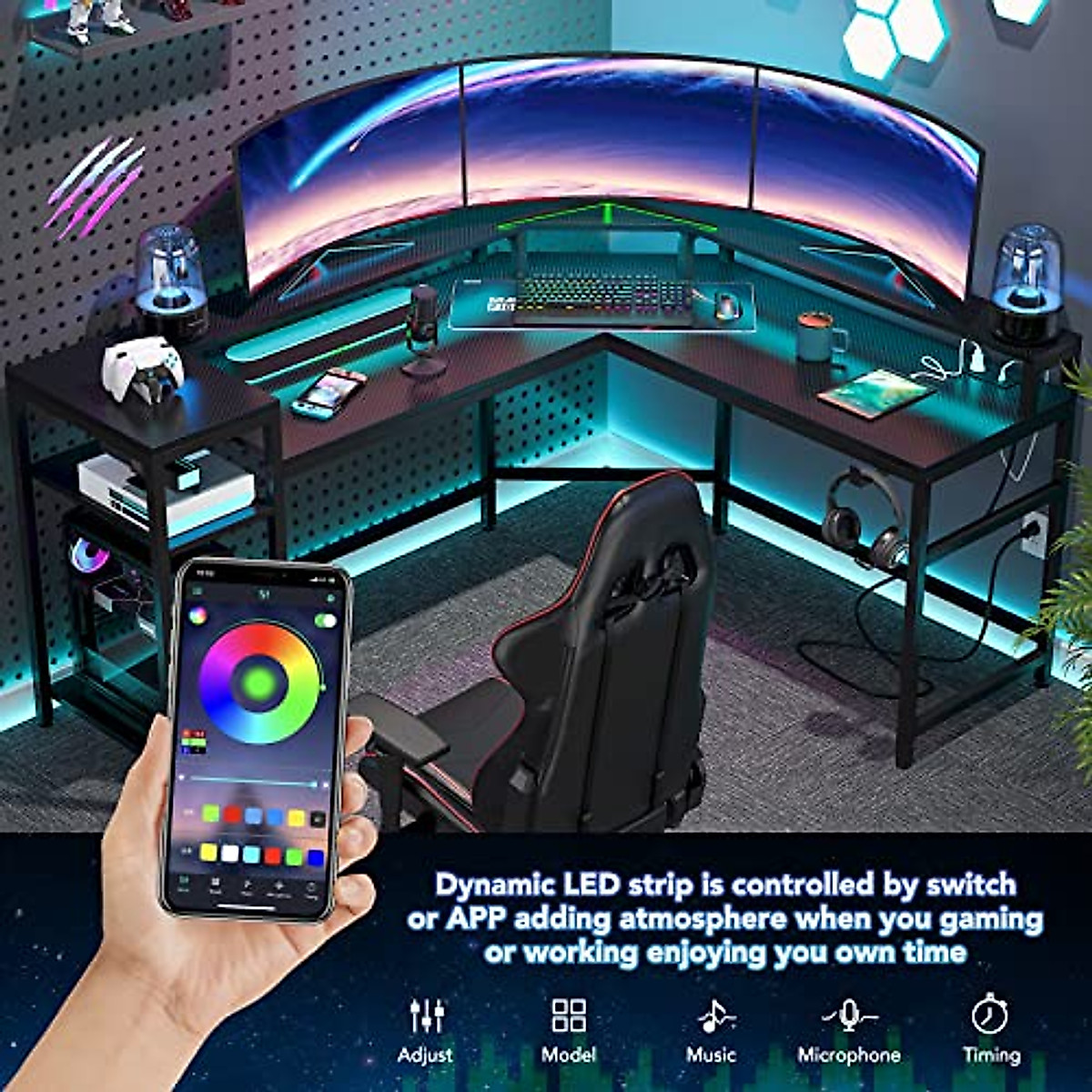 LITTLE TREE L Shaped Gaming Desk: Computer Desk with Power Outlet & LED Stripe, Modern Coner L Desk with Storage Shelves for Home Office - Black