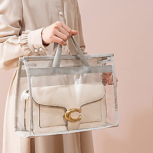 QEQRUG Handbag Storage Bags, 3 Pcs Dust Cover Bag for Hanging Closet, Transparent Purse Storage Organizer Bag with Zipper and Handle for Handbags Anti-dust (Grey)