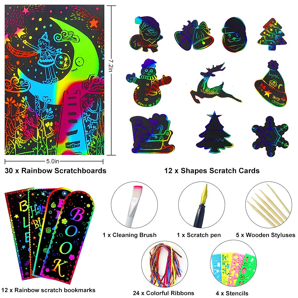 Nobranded Scratch Art Paper Set for Kids, 88 Pcs Rainbow Magic Scratch Off Paper of Various Shapes Suitable for Kids Crafts Arts Supplies Kits, Fantastic Christmas Birthday Party Favor Gift