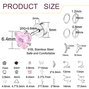 Stainless Steel Earrings,Staligue 19 Pairs Flat Back Earrings and Cartilage Hoop Earrings for Women Hypoallergenic Flat Back Stud Earrings Heart Opal Star Moon 20g Tiny Screw Back Cartilage Earring