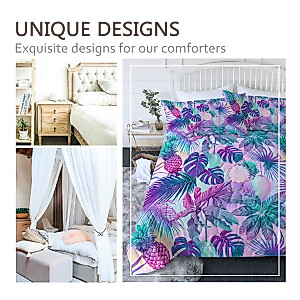 BlessLiving Tropical Watercolor Comforter Set 3 Piece Neon Hawaiian Mango Pineapple Fruit Bed Sets Pastel Pink Turquoise Violet Ultra Soft Palm Leaves Print Bedding (Twin/Twin XL)
