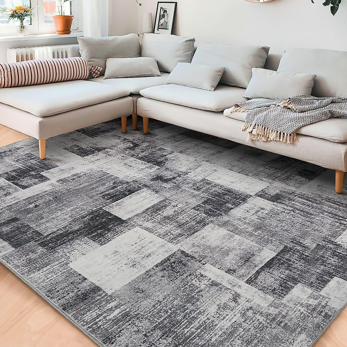 Area Rug Living Room Rugs 8x10 Washable: Indoor Soft Low Shaggy Fluffy Pile Carpet Abstract Decor Large for Bedroom Dining Room Under Kitchen Table Home Office - Gray/Ivory
