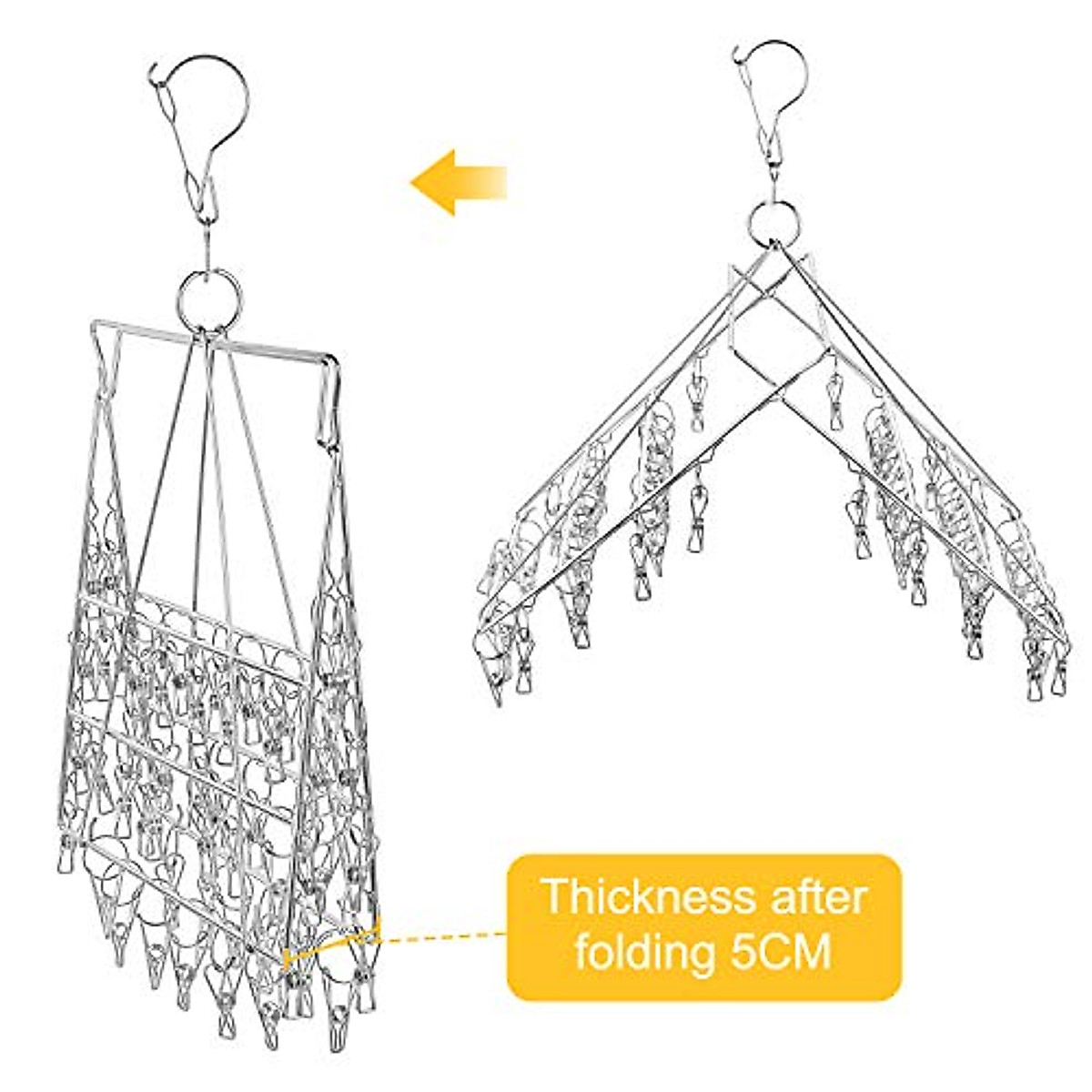 WudTus Folding Sock Drying Hanger 36 Clips Stainless Steel Space-Saving Dryer Rack Washline with Peg for Sock, Underwear, Baby Clothes and Hang Small Laundry Items