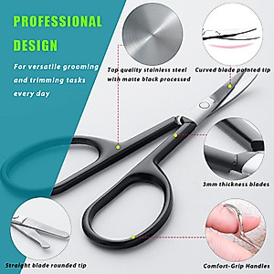 Facial Hair Small Grooming Scissors For Men Women - Eyebrow, Nose Hair, Mustache, Beard, Eyelashes, Ear Trimming Kit - Curved and Rounded Safety Tip Clippers For Hair Cutting 2PCS With Cover Black