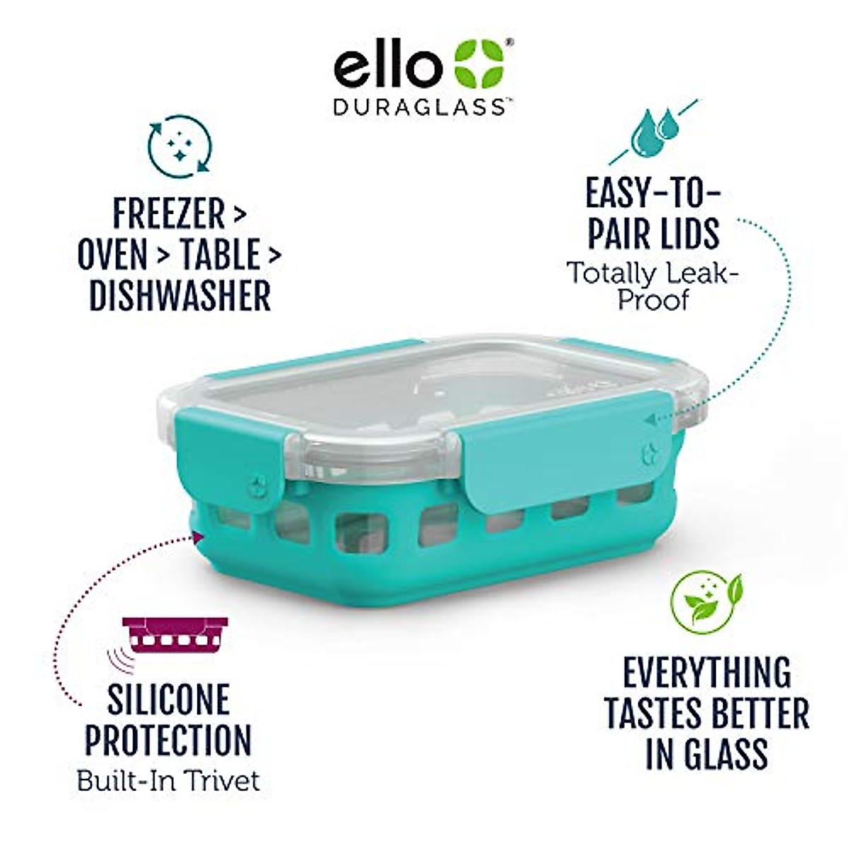 Ello Duraglass Meal Prep Container, 1.75 cup- Glass Food Storage Container with Silicone Sleeve and Airtight BPA-Free Plastic Lid, Dishwasher, Microwave, and Freezer Safe, Aquavia