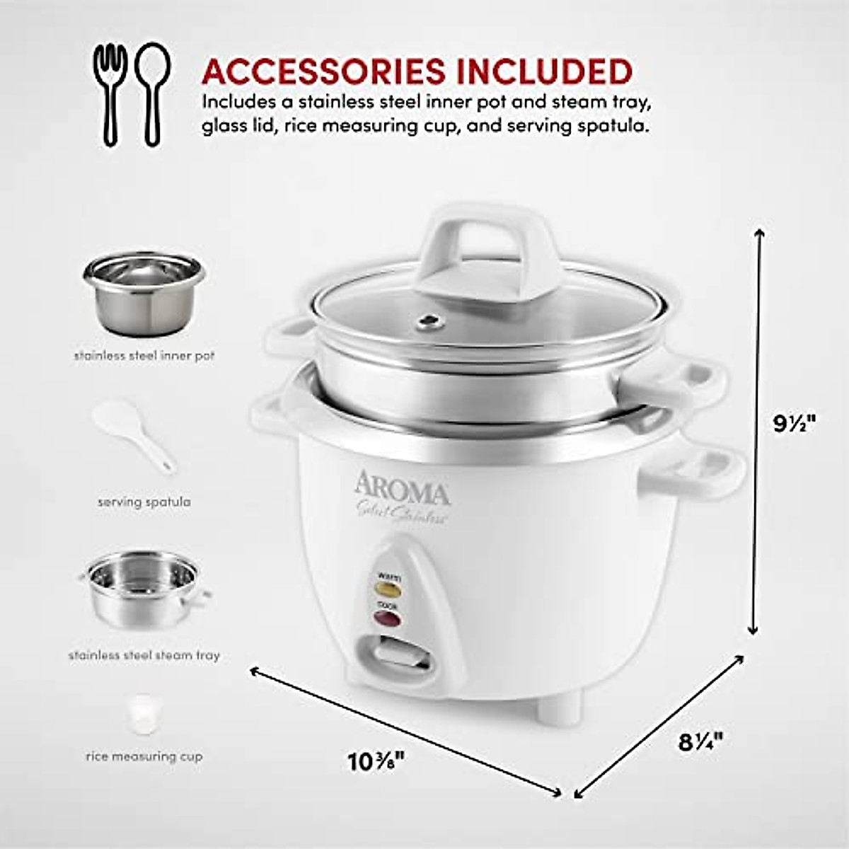 Aroma Housewares 6-Cup (Cooked) / 1.2Qt. Select Stainless Pot-Style Rice Cooker, & Food Steamer, One-Touch Operation, White