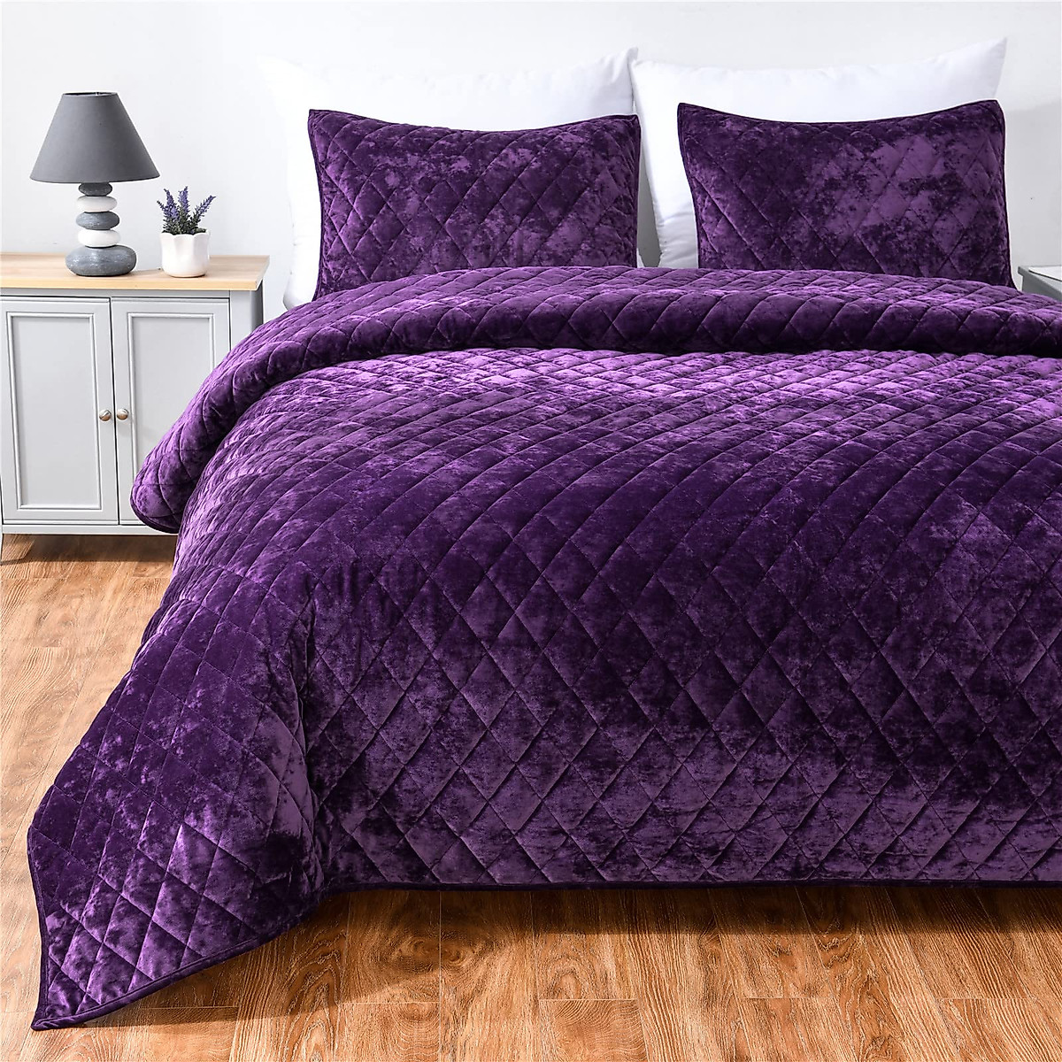 Fredsure Distressed Velvet Quilt Set, 3 Pieces Purple Queen, Distressed Velvet Face and Brushed Microfiber Reverse with Diamond Quilting