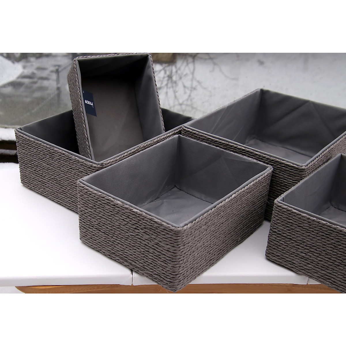 Acrola Premium 5-Pack Woven Paper Rope Storage Baskets, Multi-Size, Stackable, Versatile Organziers, Decorative Bins with Durable Fabric Liner for Home, Office, Nursery, and Bathroom, ST05002 (Grey)