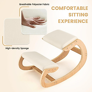FIREFLOWERY Ergonomic Kneeling Chair, Wooden Posture Chair W/Extra Padding for Back Neck Pain Relief & Improving Posture, Rocking Meditation Stool W/Knee Support for Home Office (Beige)