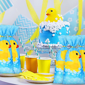 100 Pieces Yellow Duck Cellophane Treat Bags Duck Candy Bags Goodie Bags Birthday Party Favors Bags with 100 Pieces Gold Twist Ties for Baby Shower Birthday Rubber Duck Party Favors Decorations