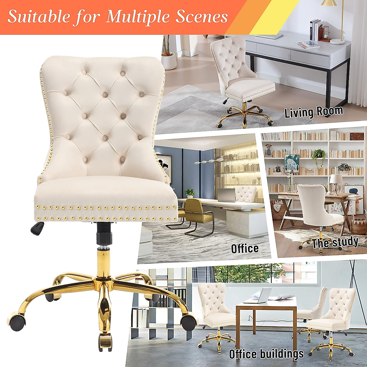 KCC Velvet Home Office Chair with Gold Metal Base & Nailhead Trim, Modern Swivel Upholstered Tufted Task Chair, Adjustable Wingback Armless Desk Chair for Living Room/Bedroom(Beige)