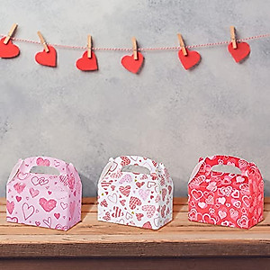 Gatherfun 24 Pieces Valentine's Day Hot Pink Heart Love Treat Box Candy Boxes Goodies Boxes Cardboard Present Boxes with Handles for Birthday Party Anniversary Favors, 6 x 3.5 x 3.5 Inches, 3 Designs