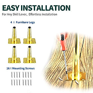 Seimneire 4pcs 4 Inch Furniture Legs, Straight Conical Metal Legs Luxury Gold Mid-Century Style Furniture Feet for Sofa Cabinet Table Chair Cupboard Couch Ottoman Home DIY Projects