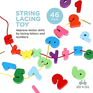 Wooden Alphabet Puzzle & Number Puzzle and Flash Cards Set - Includes Box, Lacing Beads and Threads