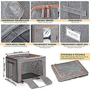 66L Clothes Storage Bins with Metal Frame, Fiberboard Bottom Thick Cotton Linen Protect from Moisture Dust Double Opening Zipper Perfect for Clothing Toys Sheets Blankets (Set of 3)