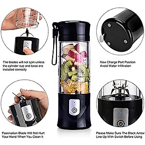 Portable Blender, Mini USB Blender for Shakes and Smoothies, 13.5 Oz Juicer Cup Rechargeable Type-C Personal Blender with Ultra Sharp Six Blades, Multifunctional and BPA Free Blender Bottle–Ideal for Traveling, Gym, Office-Black
