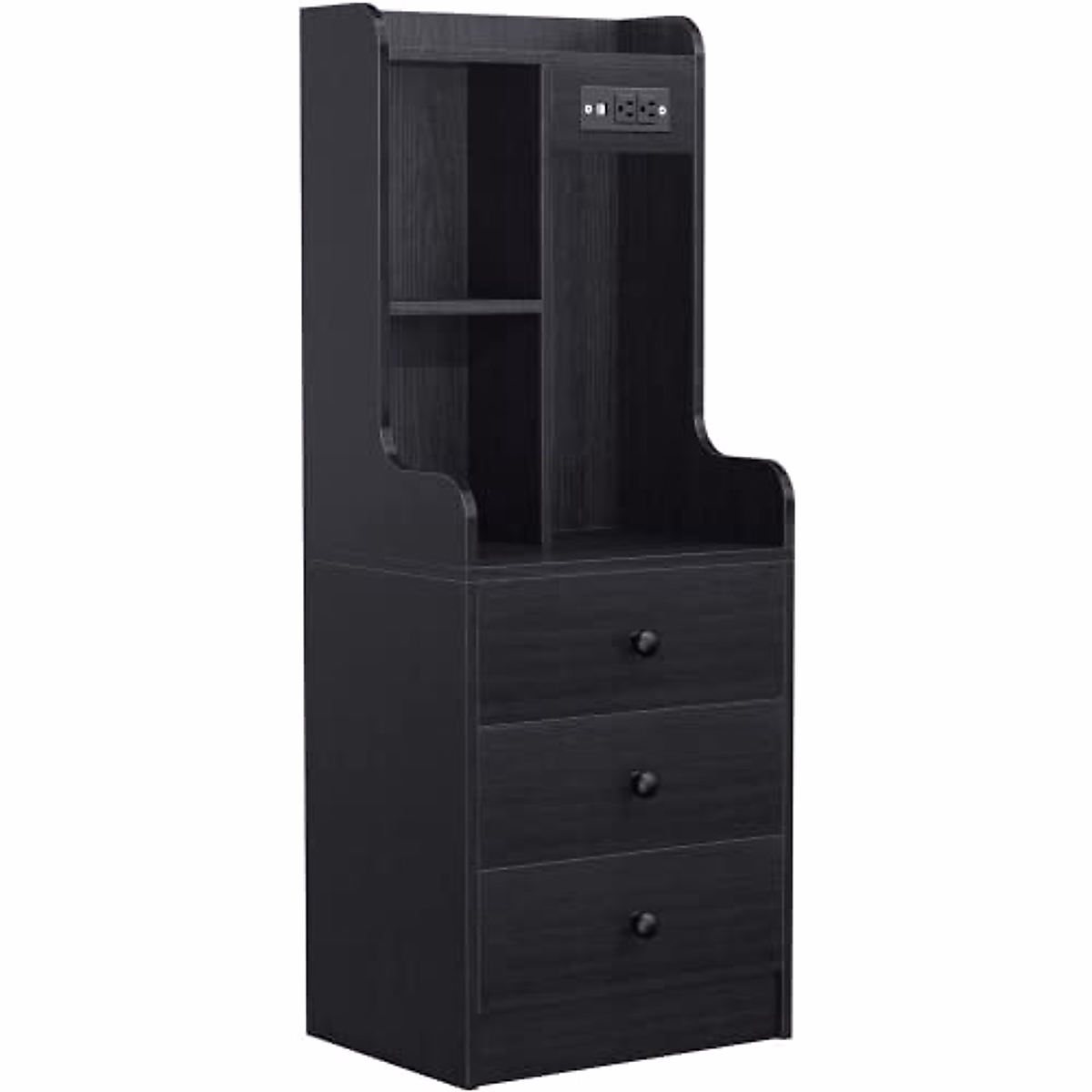 Black Modern Nightstand with Charging Station, Tall End Table for Bedroom Living Room, Bed Side Table/Night Stand with 3 Drawers, Bedside Table with Storage Shelf