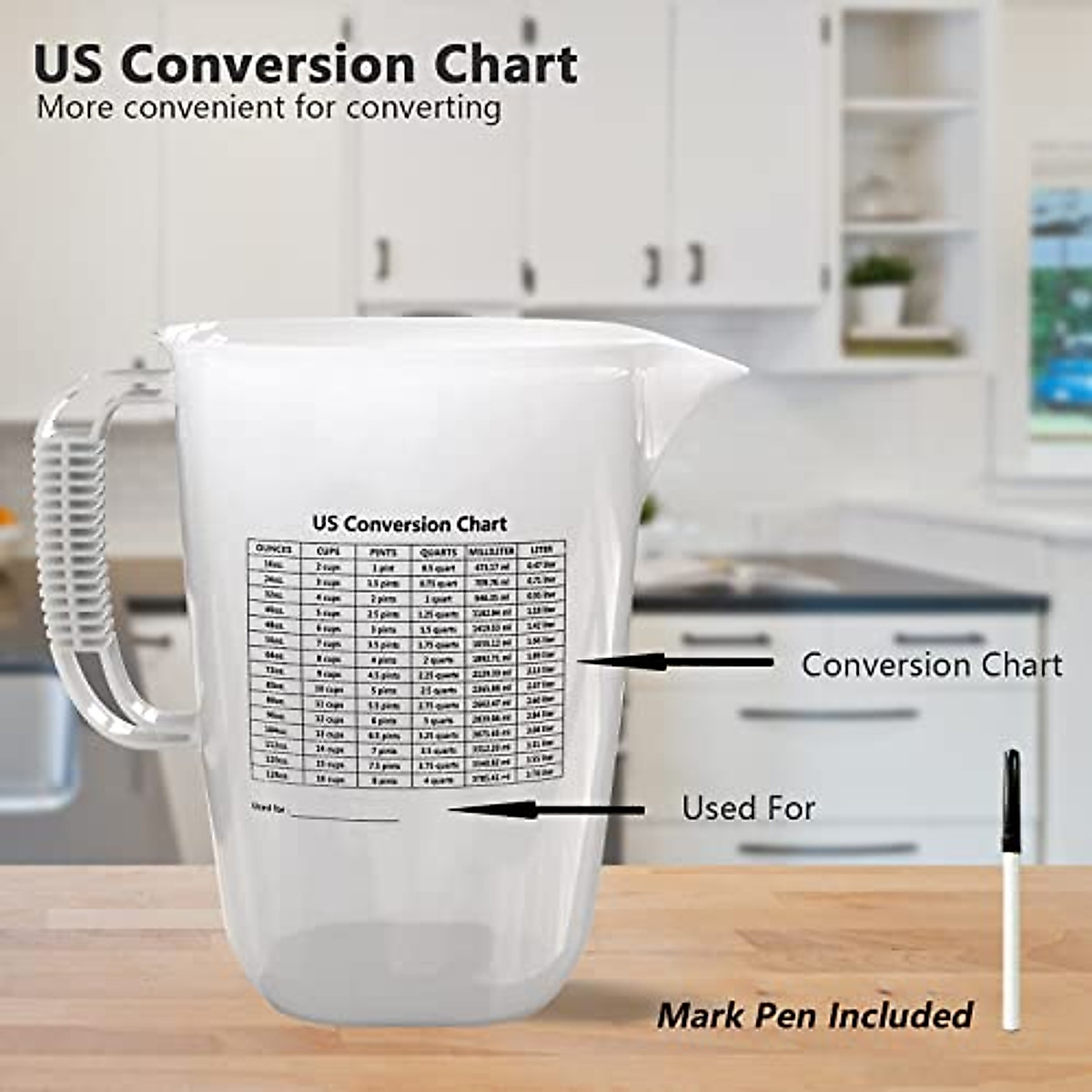 Luvan 1 Gallon Measuring Pitcher, 134oz Extra Large Plastic Measuring Pitcher-Conversion Chart, Heat Resistant 1 Gallon Measuring Container with Handle for Motor Oil, Chemicals, Pool, Lawn and Cook