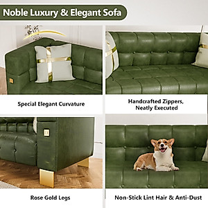 ReyTinn PU Faux Leather Sofa, 83.86" Mid-Century Modern Oversized Loveseat Couch, Large Classic Upholstered 3-Seater Deep Sofa with Arms for Living Room, Apartment, Office Green