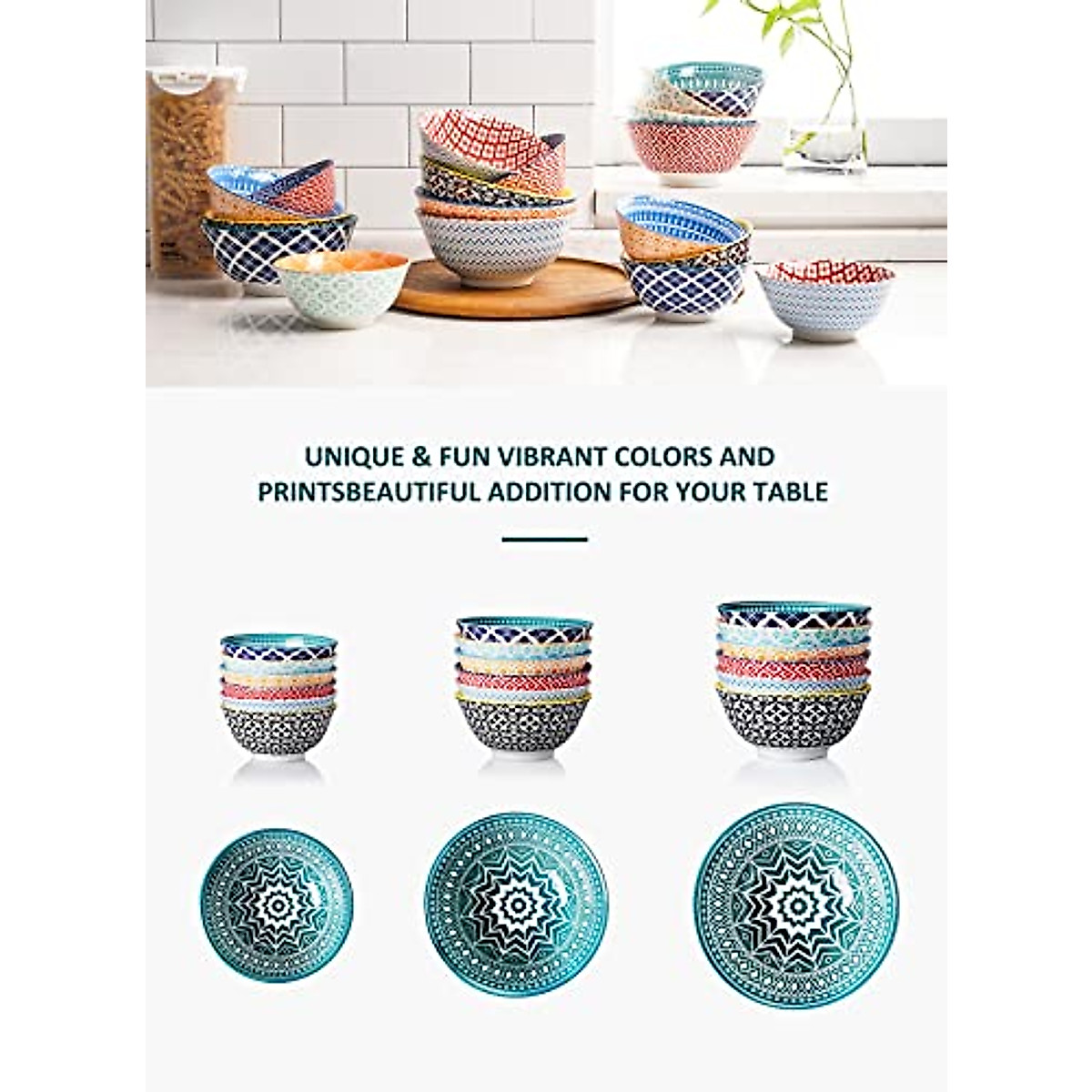 Teocera Cereal Bowls, Soup Bowls, Porcelain Multicolor Bowl Set, 18 Ounce for Cereal, Soup, Oatmeal, Salad, Dessert, Set of 6