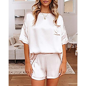 Tretra 2pcs Women Silk Satin Pajamas Set Sleepwear Loungewear Round Neck T-shirts Short Pants Button Down Pjs White