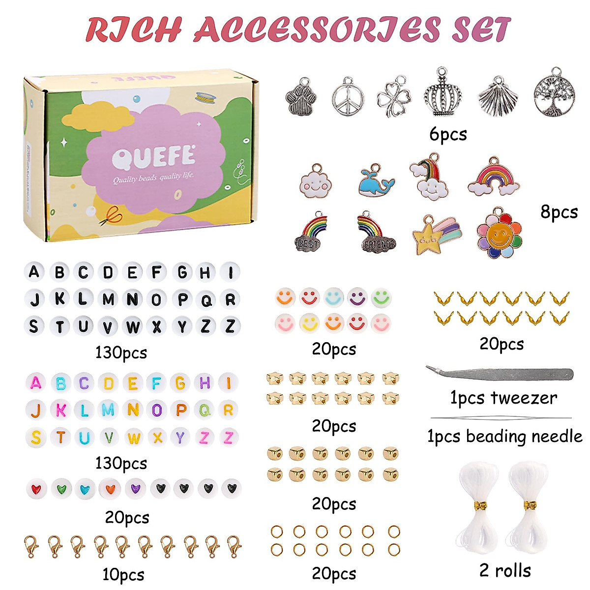 QUEFE 24000pcs 3mm Glass Beads for Jewelry Making Kit, 96 Colors Glass Seed Beads with Pendant Charms and Letter Beads for Friendship Bracelets Necklace Earring Ring Making