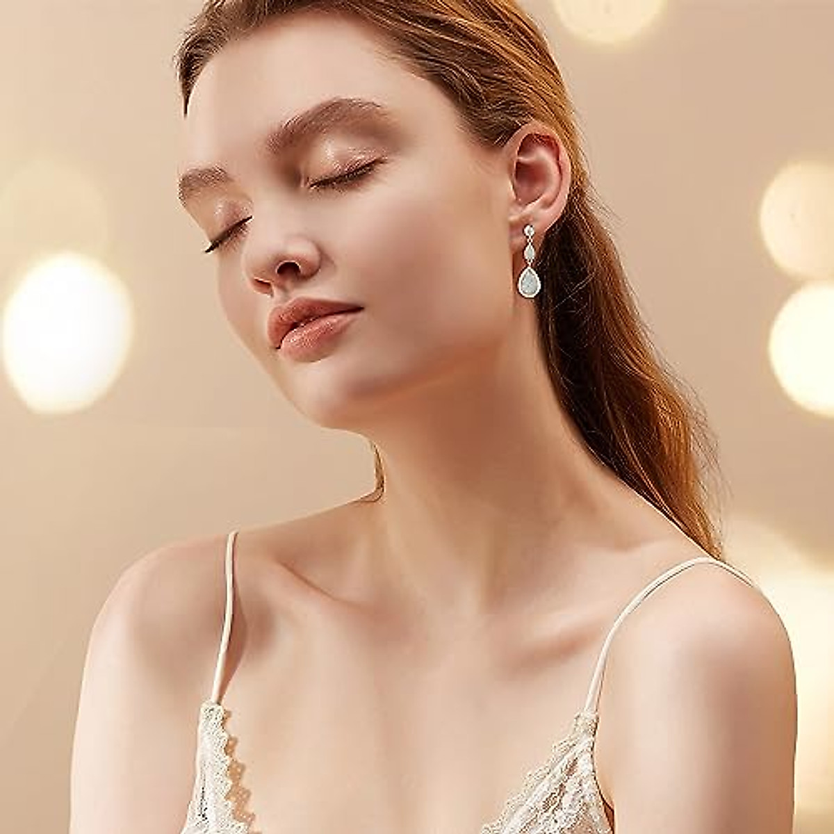 FANCIME October Birthstone Earrings Created Opal Dangle Earrings Sterling Silver 2 Stones White Fire Opal Halo Cubic Zirconia Long Teardrop Earrings for Women