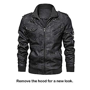 HOOD CREW Men’s Casual Stand Collar PU Faux Leather Zip-Up Motorcycle Bomber Jacket With a Removable Hood