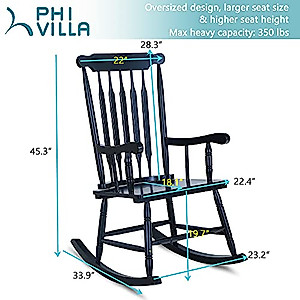 PHI VILLA Outdoor Wood Rocking Chair, Oversized Acacia Wood Slat Back Rocker Chairs for Patio, Deck, Balcony, Porch and Indoor, 30° Safe Recline Support 350 lbs - Black
