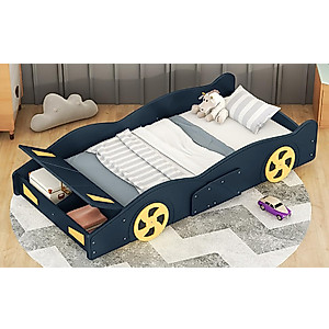 Twin Size Race Car-Shaped Platform Bed Frame for Boys Girls Kids Adults Toddler with Wheels and Storage, Dark Blue+Yellow