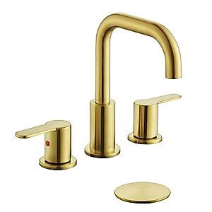 TimeArrow Brushed Gold 2 Handle 8 Inch Widespread Bathroom Sink Faucet with Pop-Up Drain, High Arc Modern Bathroom Vanity Lavatory Faucet 3 Holes with Brass 360° Swivel Spout, TAF830E-PB