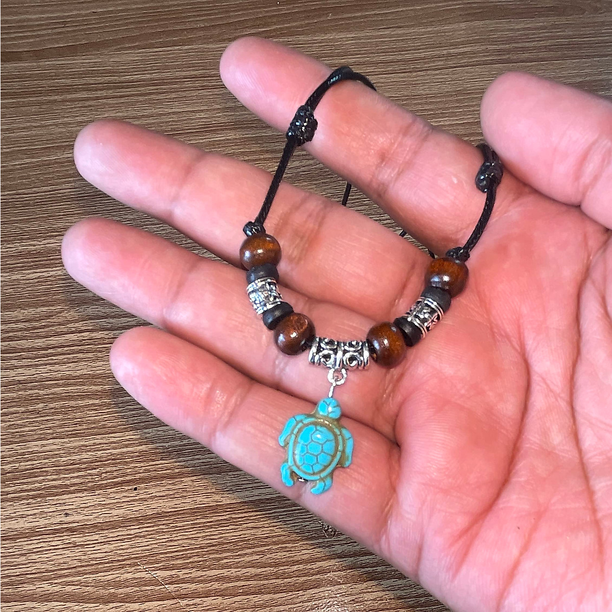 Nove Jewelry Leather Hawaiian Sea Turtle Necklace - Bone Beaded Necklace - Wood Bead and Adjustable Cord