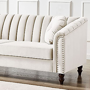 TRIPLE TREE Velvet 3 Seat Sofa Couch with 2 Pillows, Upholstered Tufted Back Sofa Couch with Nail Arms and Solid Wood Legs for Living Room, Compact Living Space, Apartment, Bonus Room, Beige