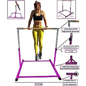 Athletic Bar Gymnastics Kip Bar Horizontal Bar Professional Junior Gymnastic Training High Bar Asymmetric Bar 13 Level Height Adjustable Expandable 3 to 5 FT Indoor Outdoor Use (Purple)