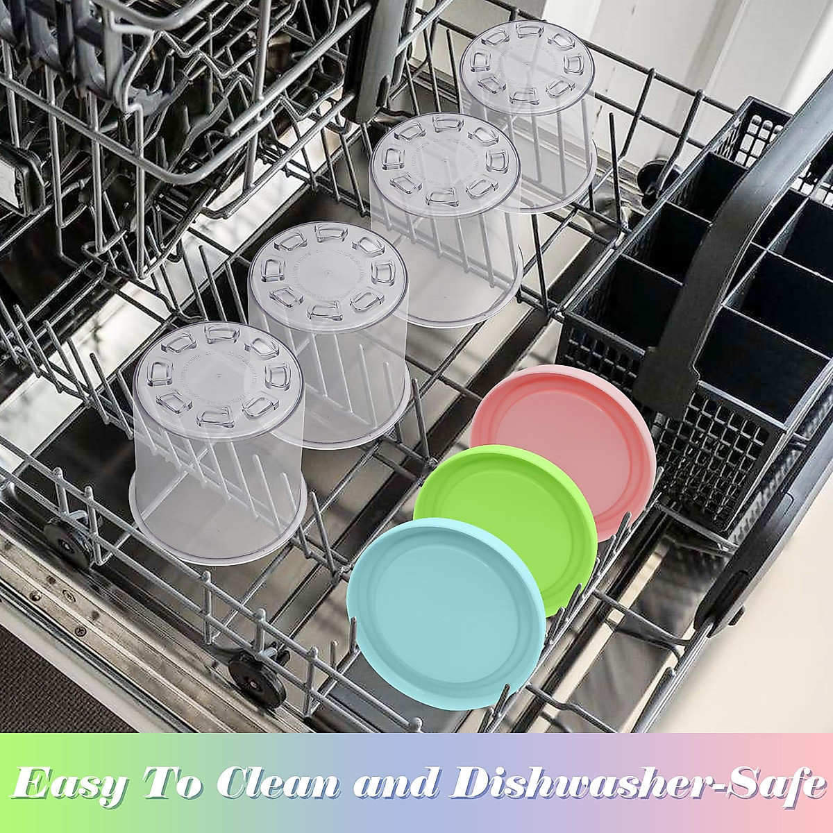 6 Pack Replacement Pint and Lid with Fork, SPOKKI Pint Containers with Silicone Lids, Compatible with Ninja Creami NC301 NC300s NC299AMZ Series, Airtight & Dishwasher Safe