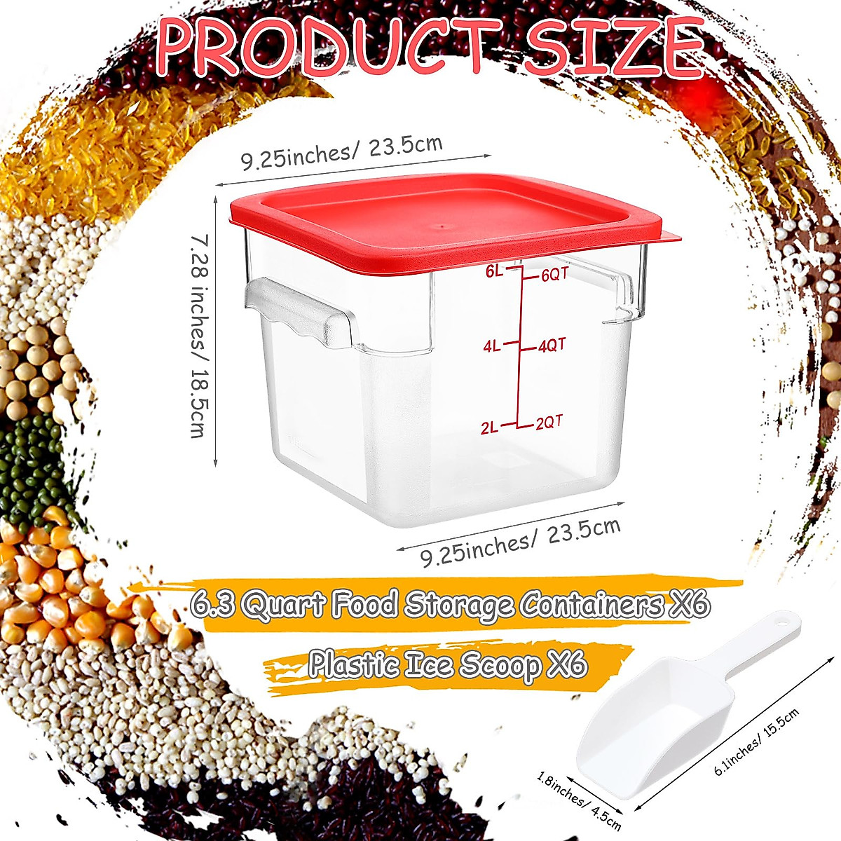 Hsei 6 Sets 6 Quart Commercial Food Storage Containers with Lids and 6 Pcs Plastic Ice Scoop for Freezer Flour Sugar Baking Bread Dog Food Restaurant Kitchen Square(Red)
