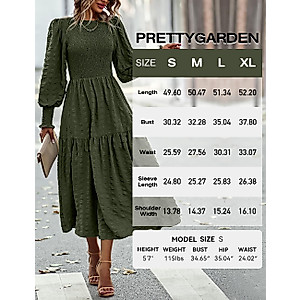 PRETTYGARDEN Women 2024 Puff Long Sleeve Crewneck Smocked Maxi Dress Solid Empire Waist Tiered A-line Swing Flowy Long Dress(Army Green,X-Large)