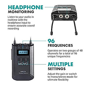 Movo WMX-20-DUO 48-Channel UHF Wireless Lavalier Microphone System with 1 Receiver, 2 Transmitters, and 2 Lapel Microphones Compatible with DSLR Cameras (330' ft Audio Range)